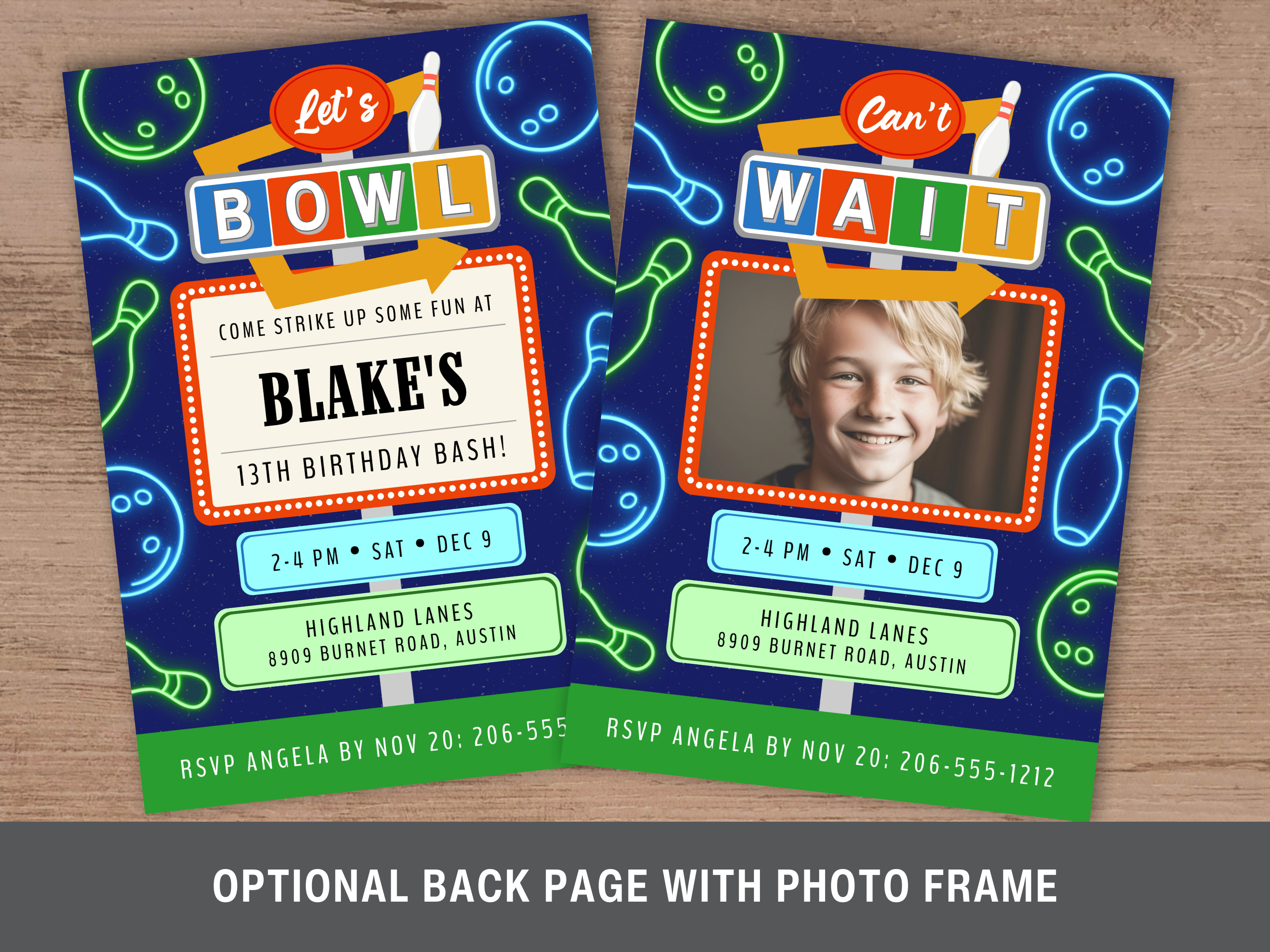 Printable Invitation for Bowling Birthday Party, Editable Retro Neon ...