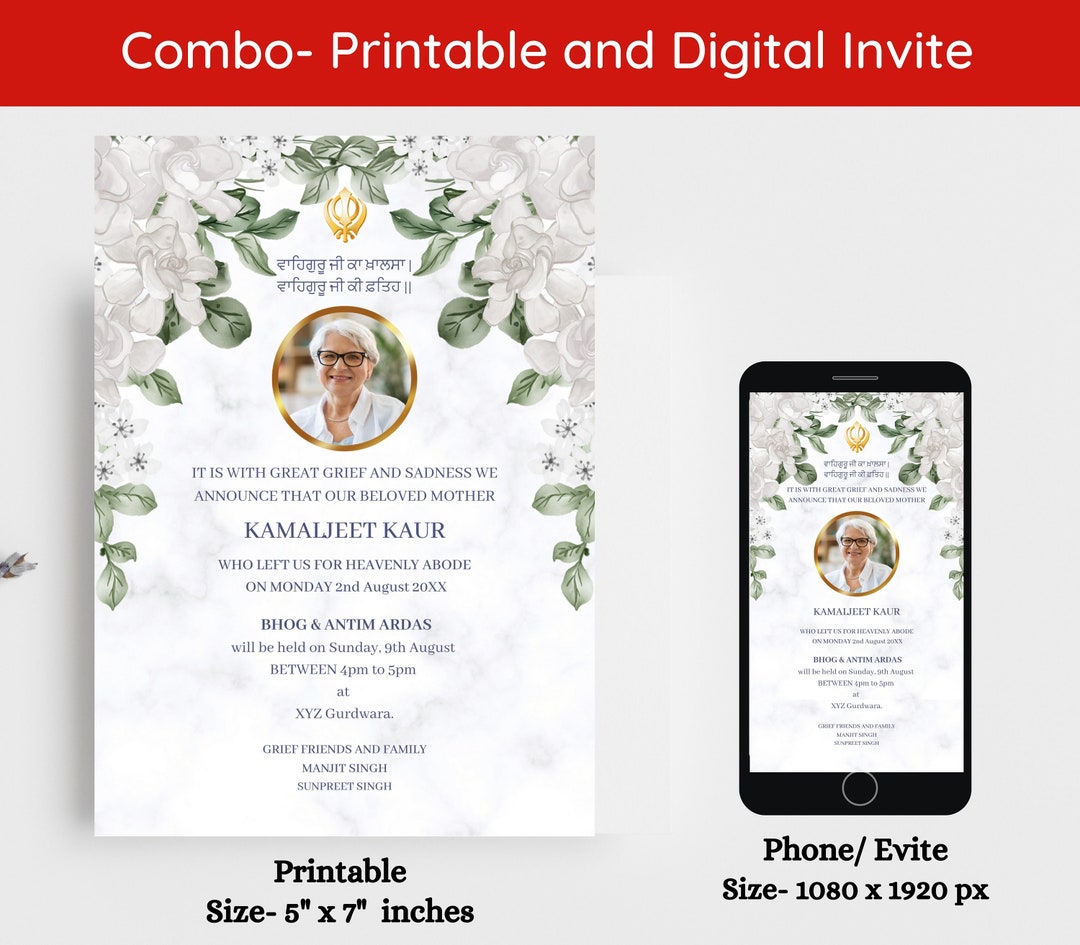 Editable Sikh Funeral Invite, Sikh Funeral Announcement Card, Hindu ...