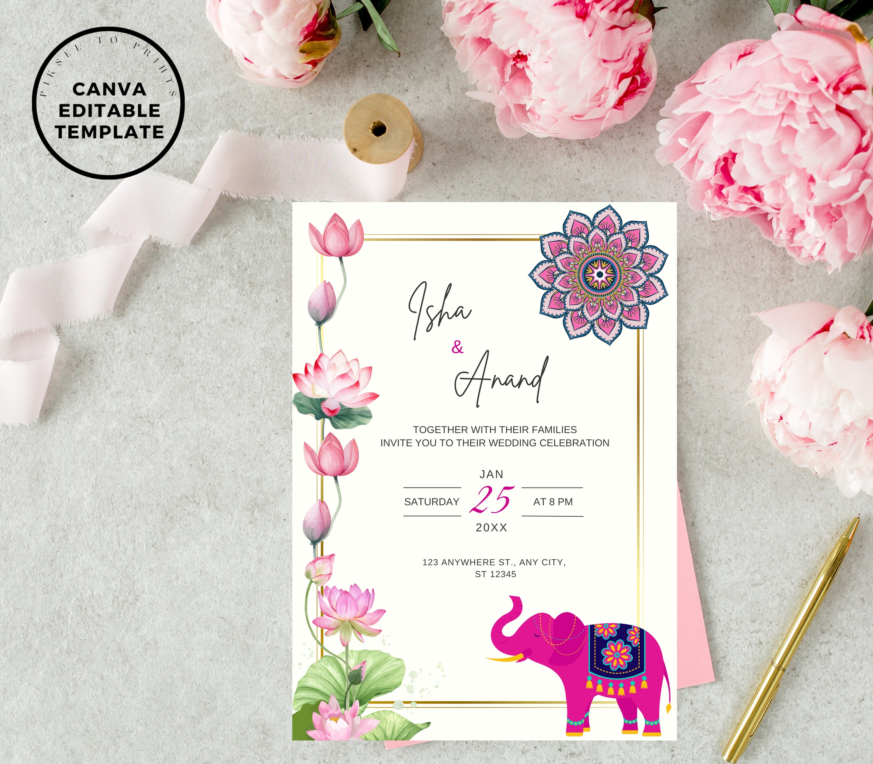 Editable Lotus Elephant Indian Wedding Invitation, Anand Karaj Invite ...