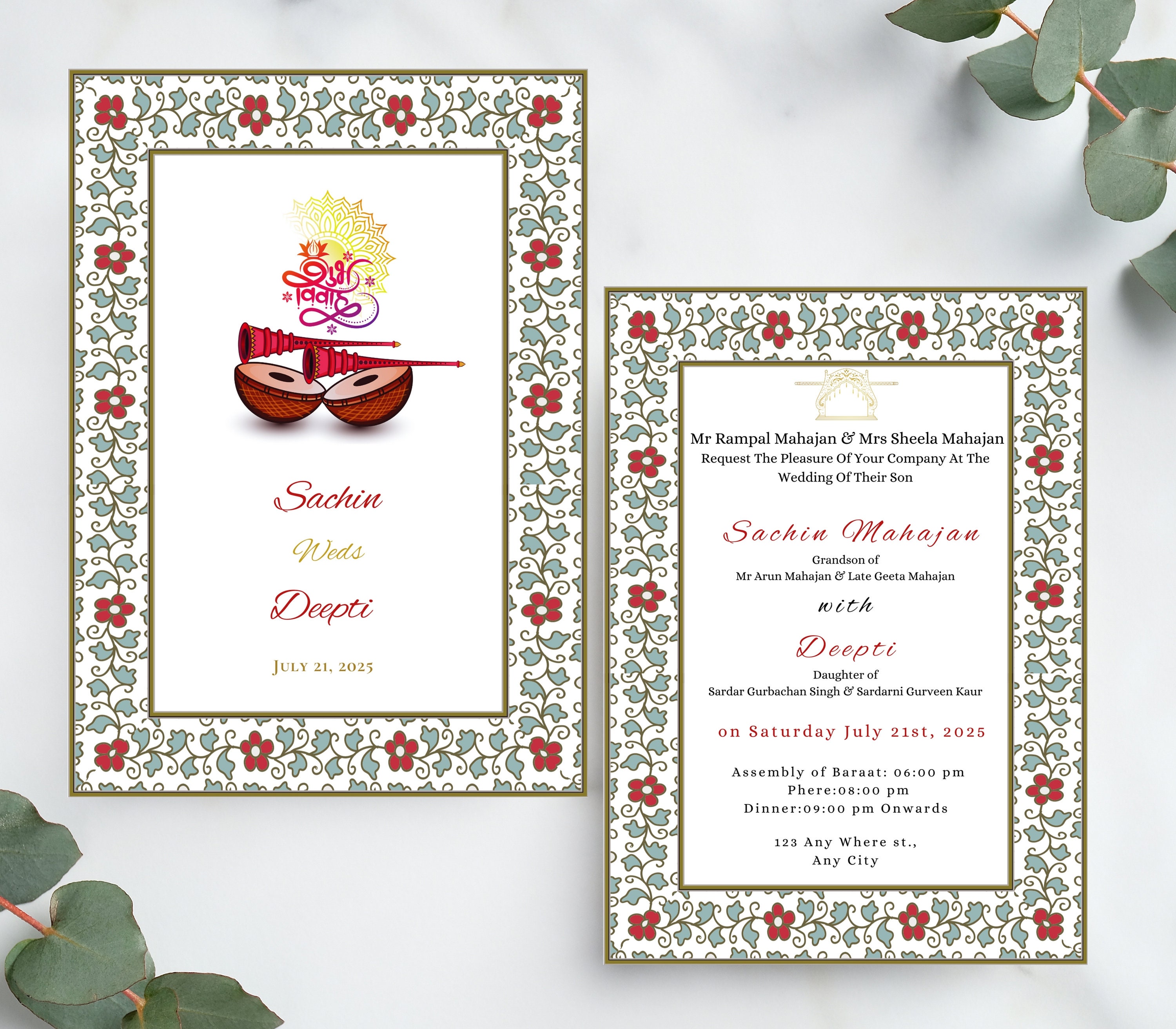Editable Hindu Wedding Invitation Set, Floral Inlay Indian Wedding ...