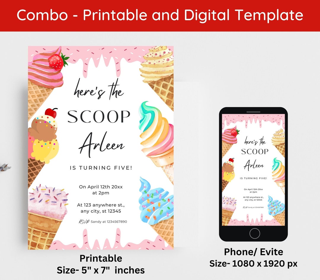 Ice Cream Birthday Invitation: Editable Summr Party Evite (digital ...