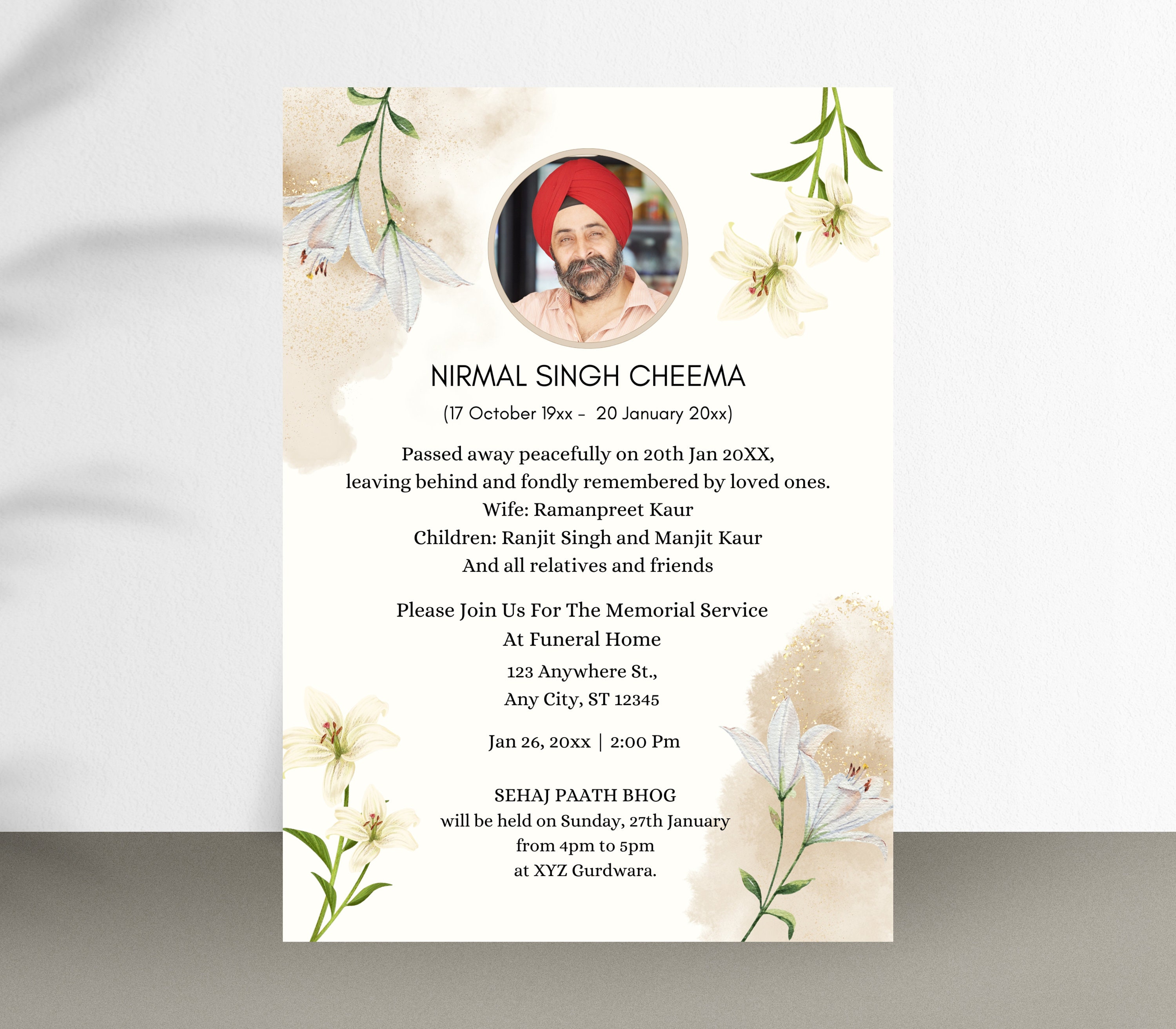 Buy Editable Sikh Funeral Invitation Printable Punjabi Funeral Invite ...