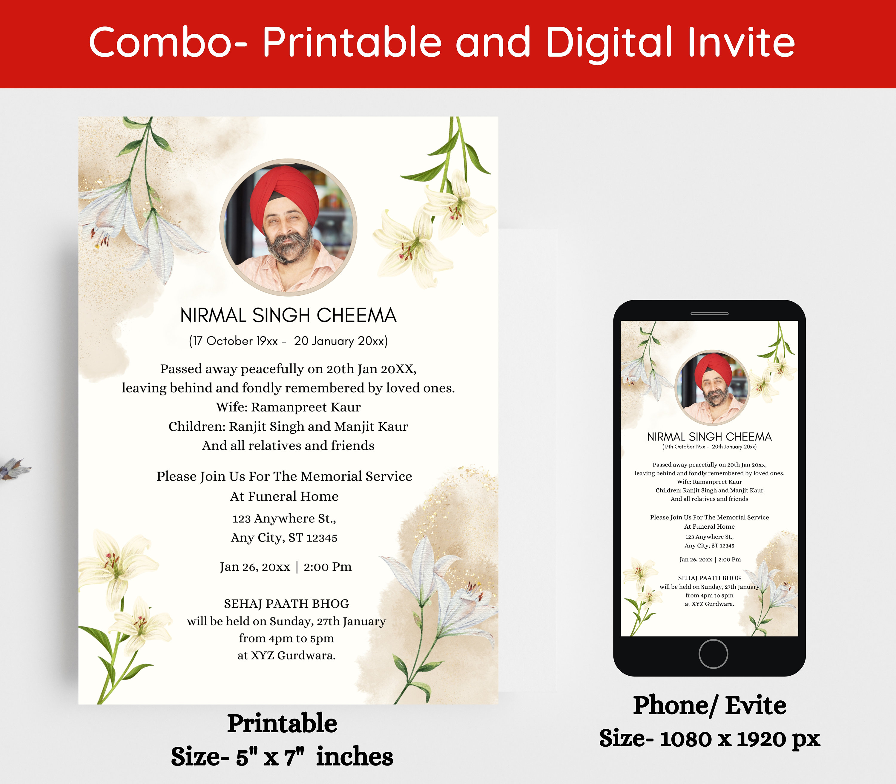 Editable Sikh Funeral Invitation Printable | Punjabi Funeral Invite ...