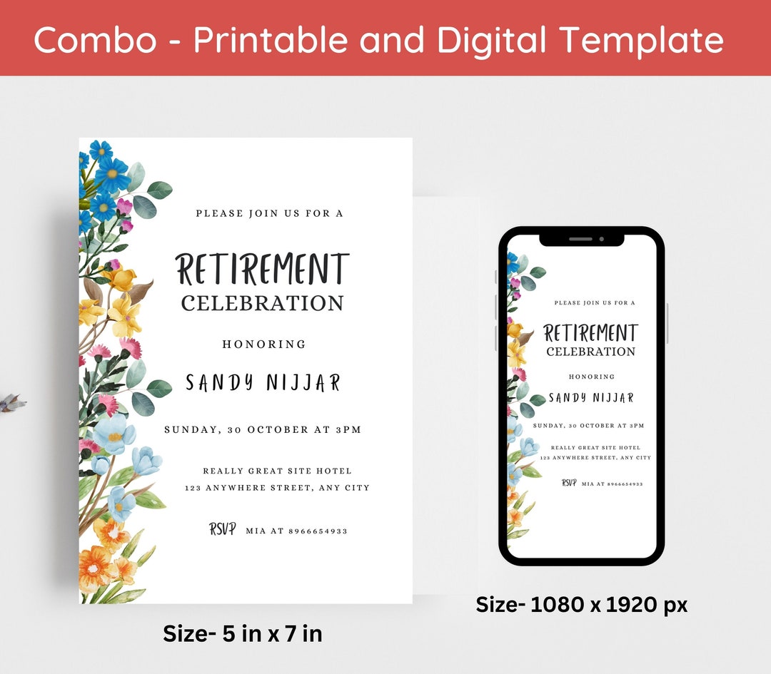 Editable Wildflower Retirement Invitations for Women, Retirement Party ...
