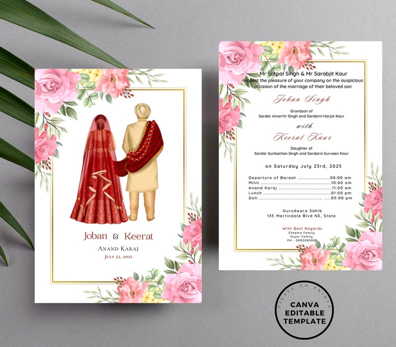 Editable Elegant Sikh Wedding Invitation Suite, Anand Karaj Invitation ...