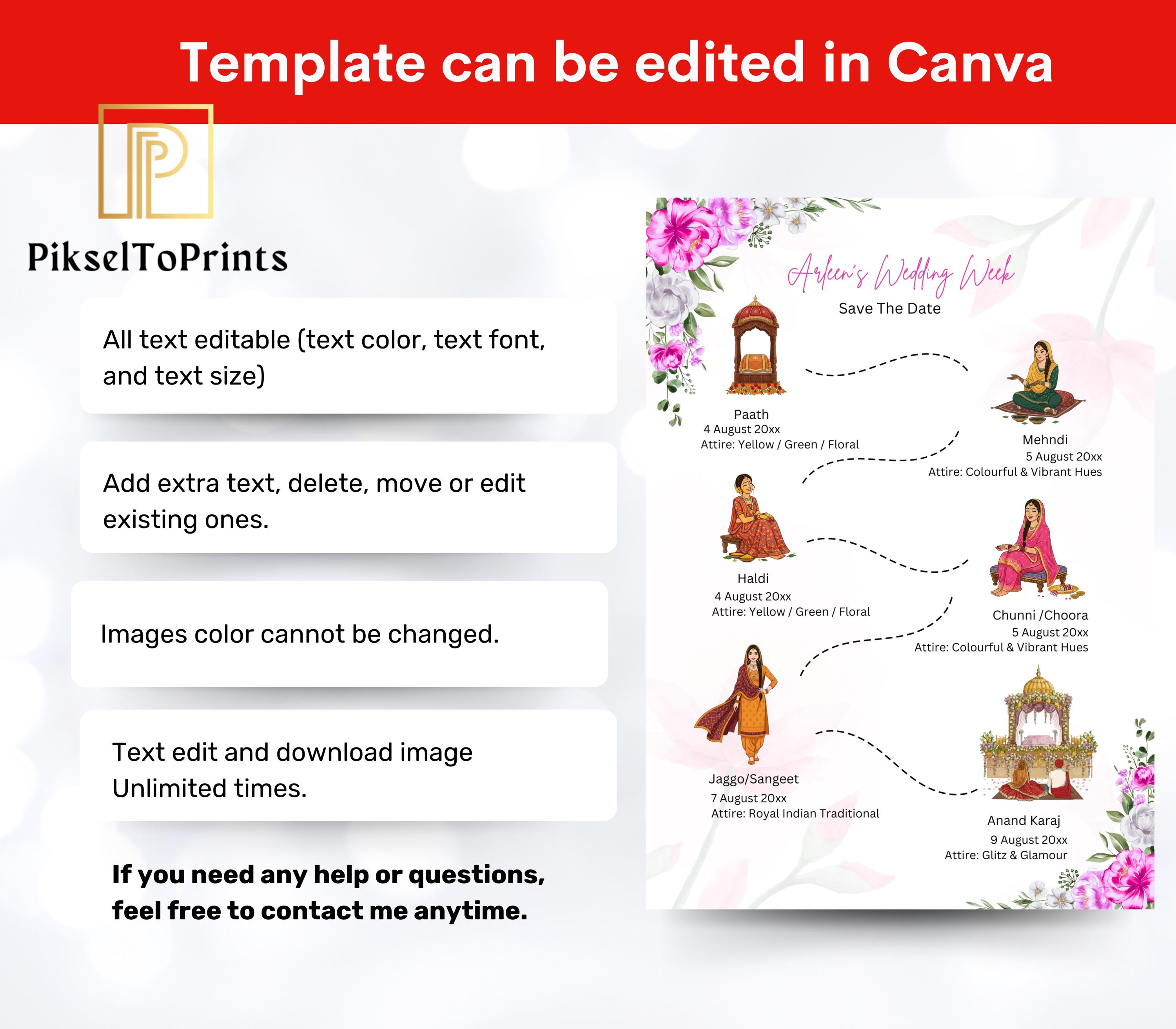 Editable Punjabi Wedding Week Invitation, Sikh Bride Wedding Timeline ...