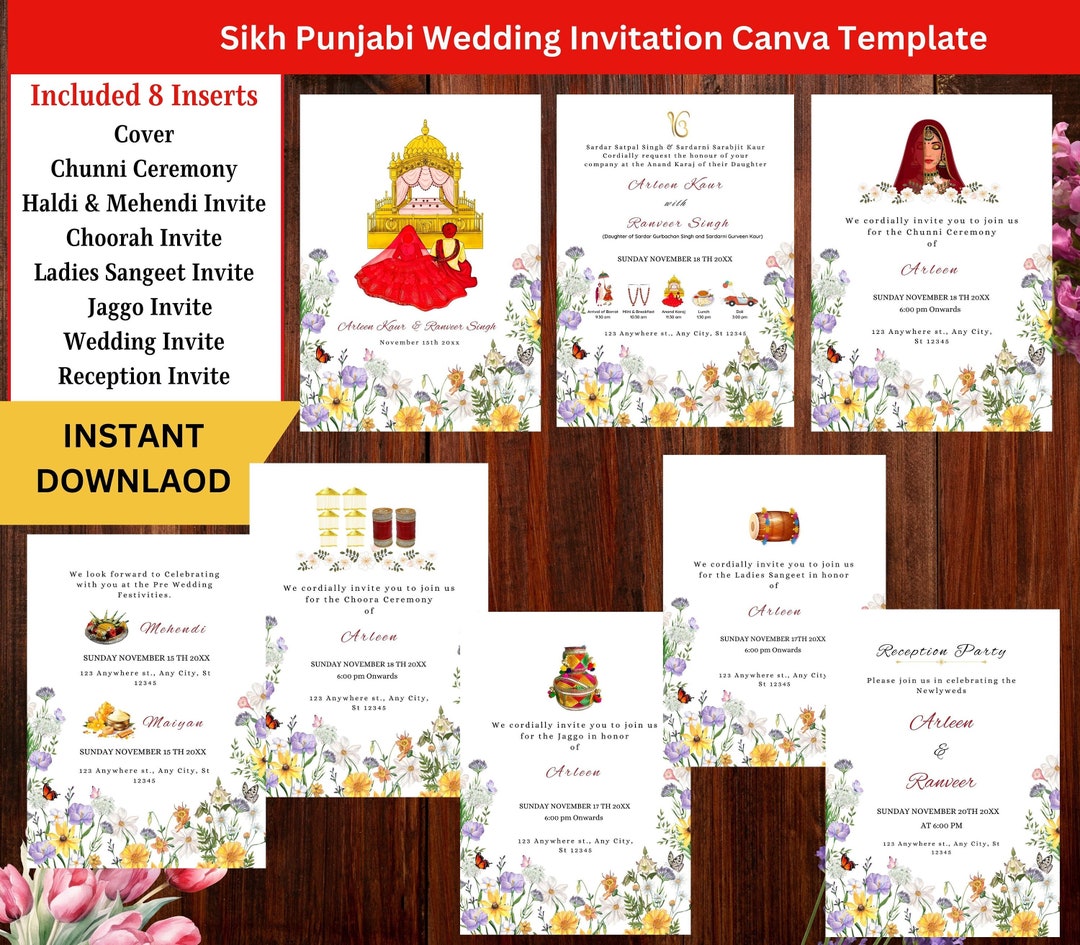 Wildflower Sikh Wedding Invitation: Anand Karaj Template (digital) - Etsy