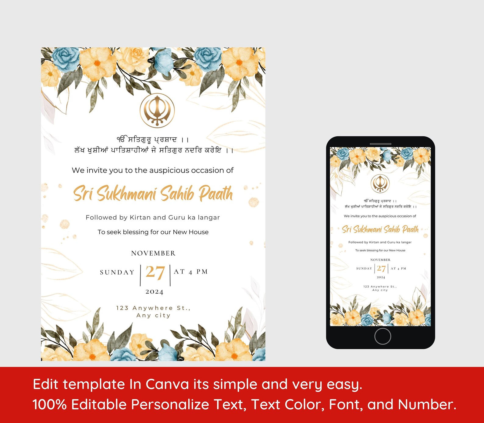Editable Floral Sukhmani Sahib Path Invitation, Sukhmani Sahib Path ...