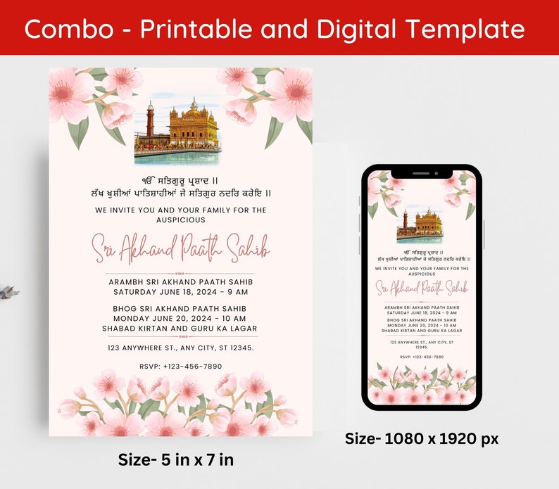 Floral Akhand Path Invitation Card: Editable Sukhmani Sahib Paath ...