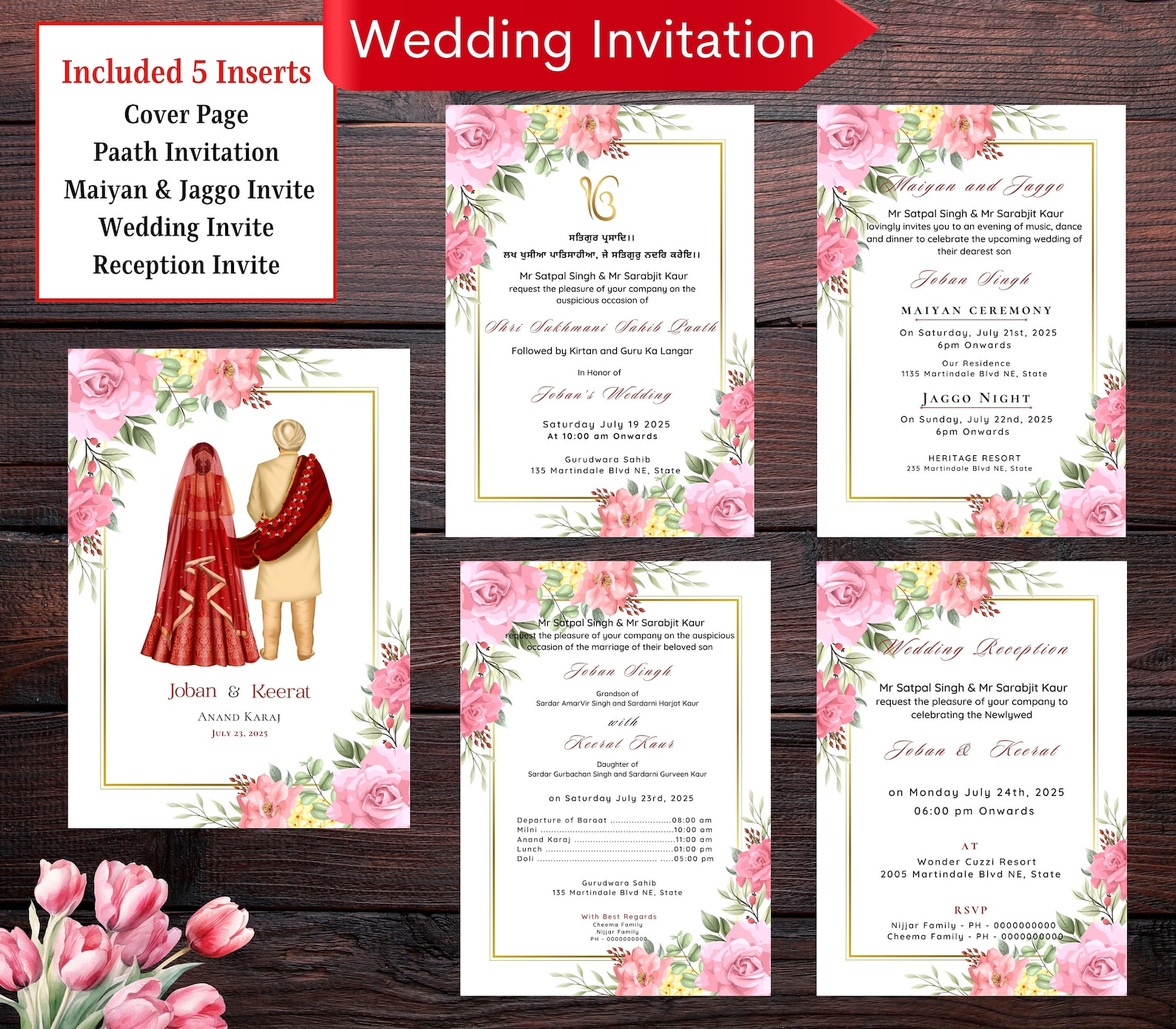 Editable Elegant Sikh Wedding Invitation Suite, Anand Karaj Invitation ...