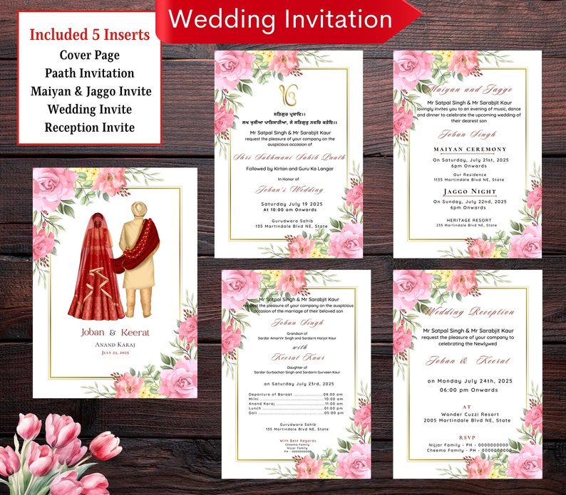 Editable Elegant Sikh Wedding Invitation Suite, Anand Karaj Invitation ...