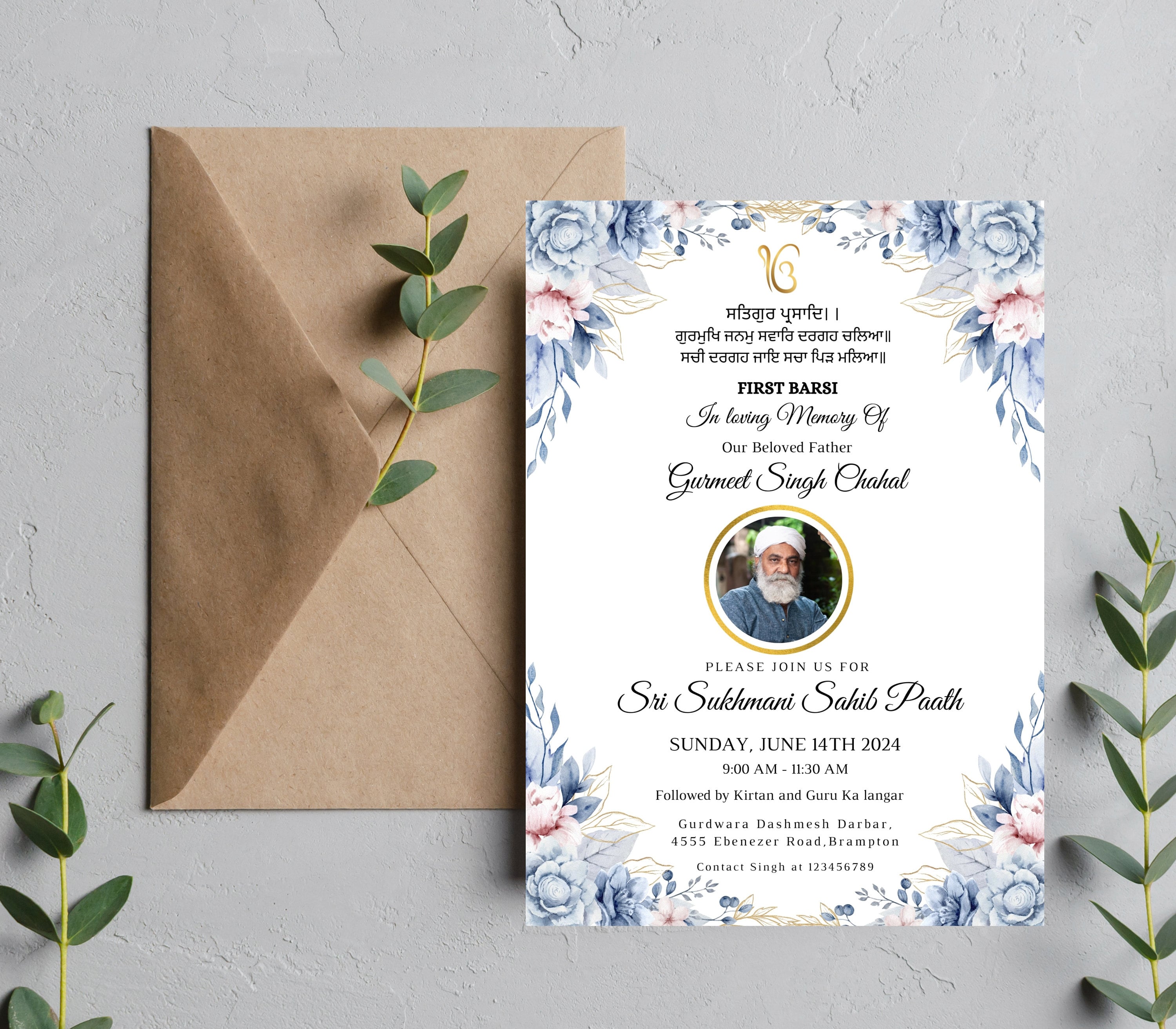 Editable Punjabi First Barsi Invitation: Sikh Funeral Card Template ...