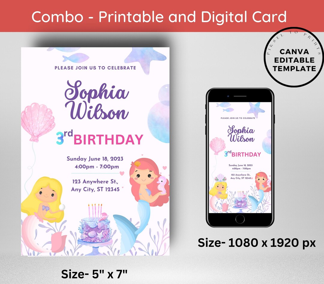 Editable Mermaid Invitation Watercolor, Mermaid Birthday Digital ...