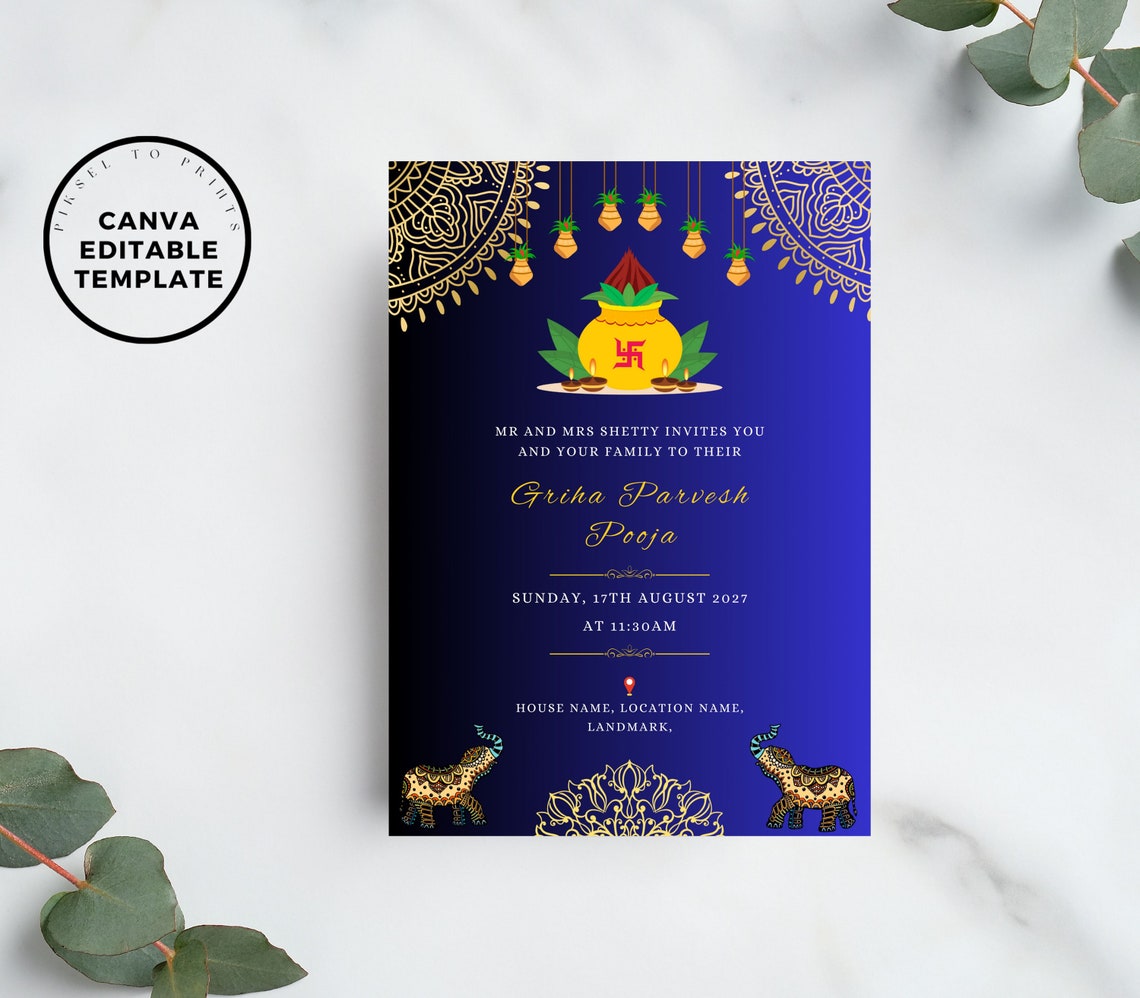 Editable Griha Pravesh Invitation, Puja Invitation Template, Gruha ...