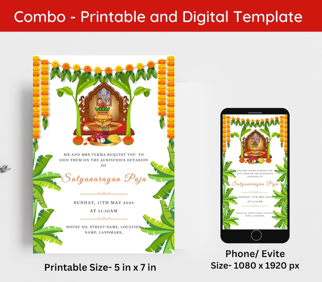 Editable Satyanarayan Pooja Invitation: Indian Housewarming (digital ...