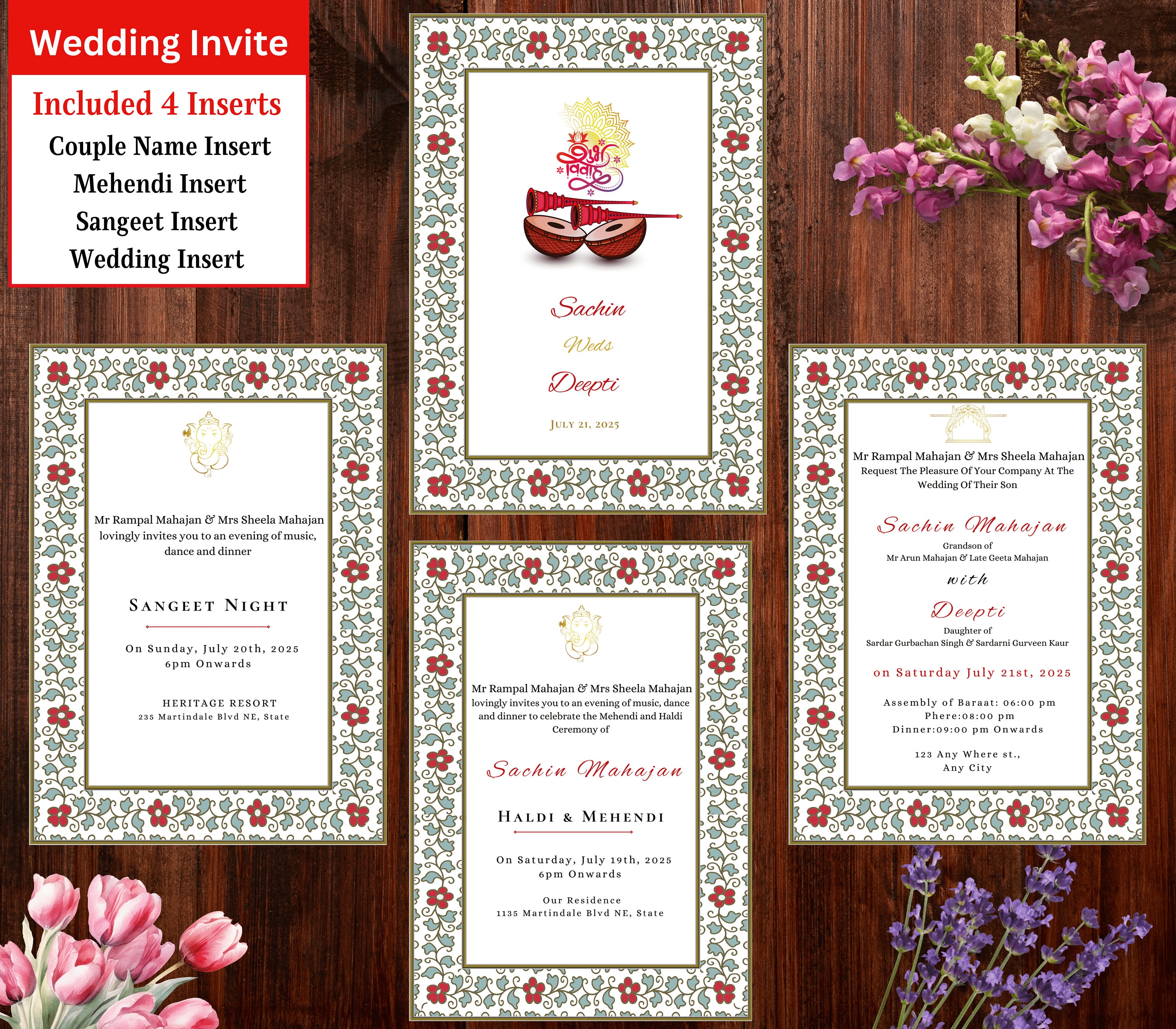 Editable Hindu Wedding Invitation Set, Floral Inlay Indian Wedding ...