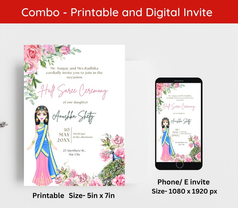 Editable Half Saree Ceremony Invitation, Half Saree Function Invite ...