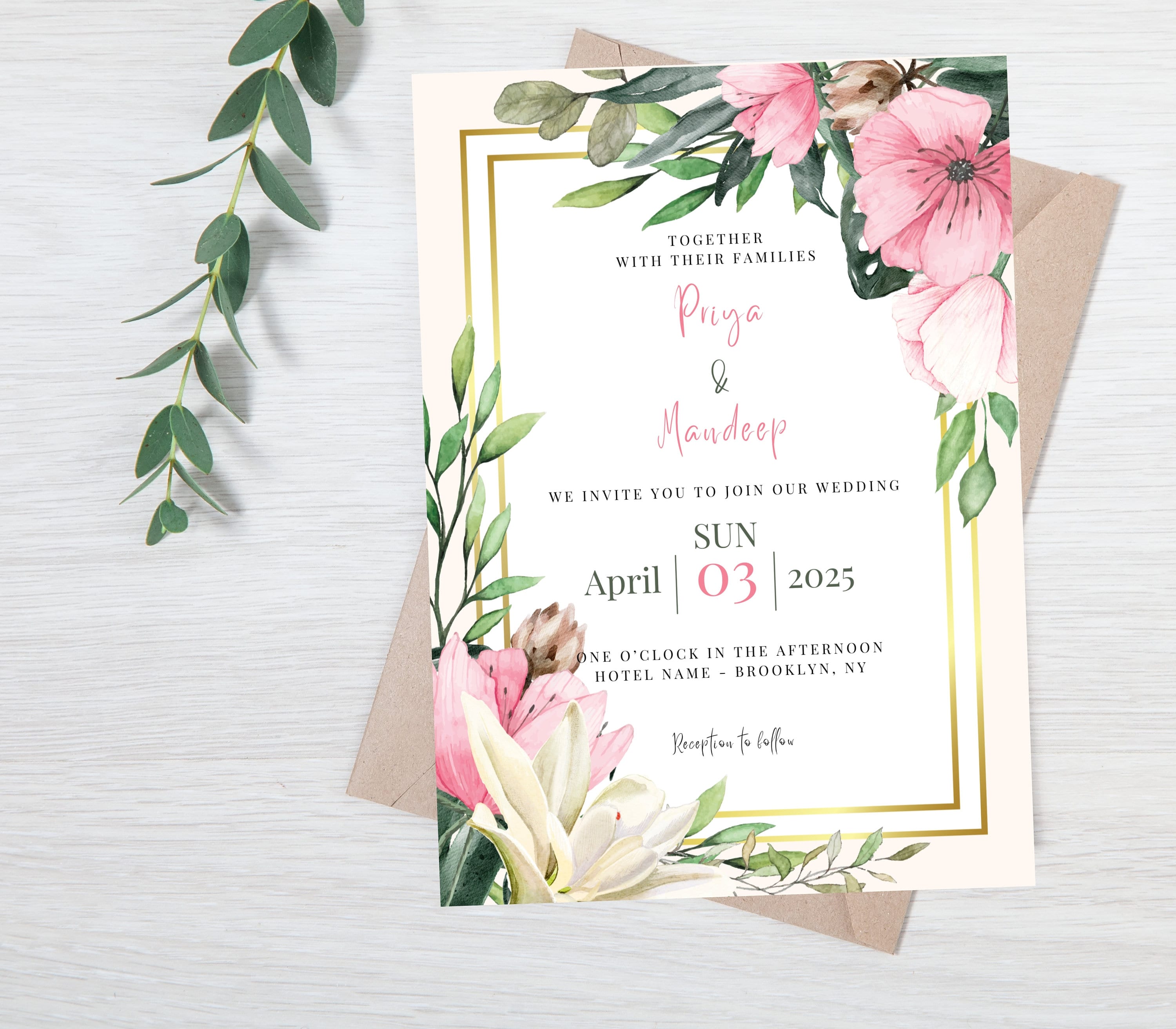 Editable Gold and Pink Floral Wedding Invitation Elegant Sikh Wedding ...