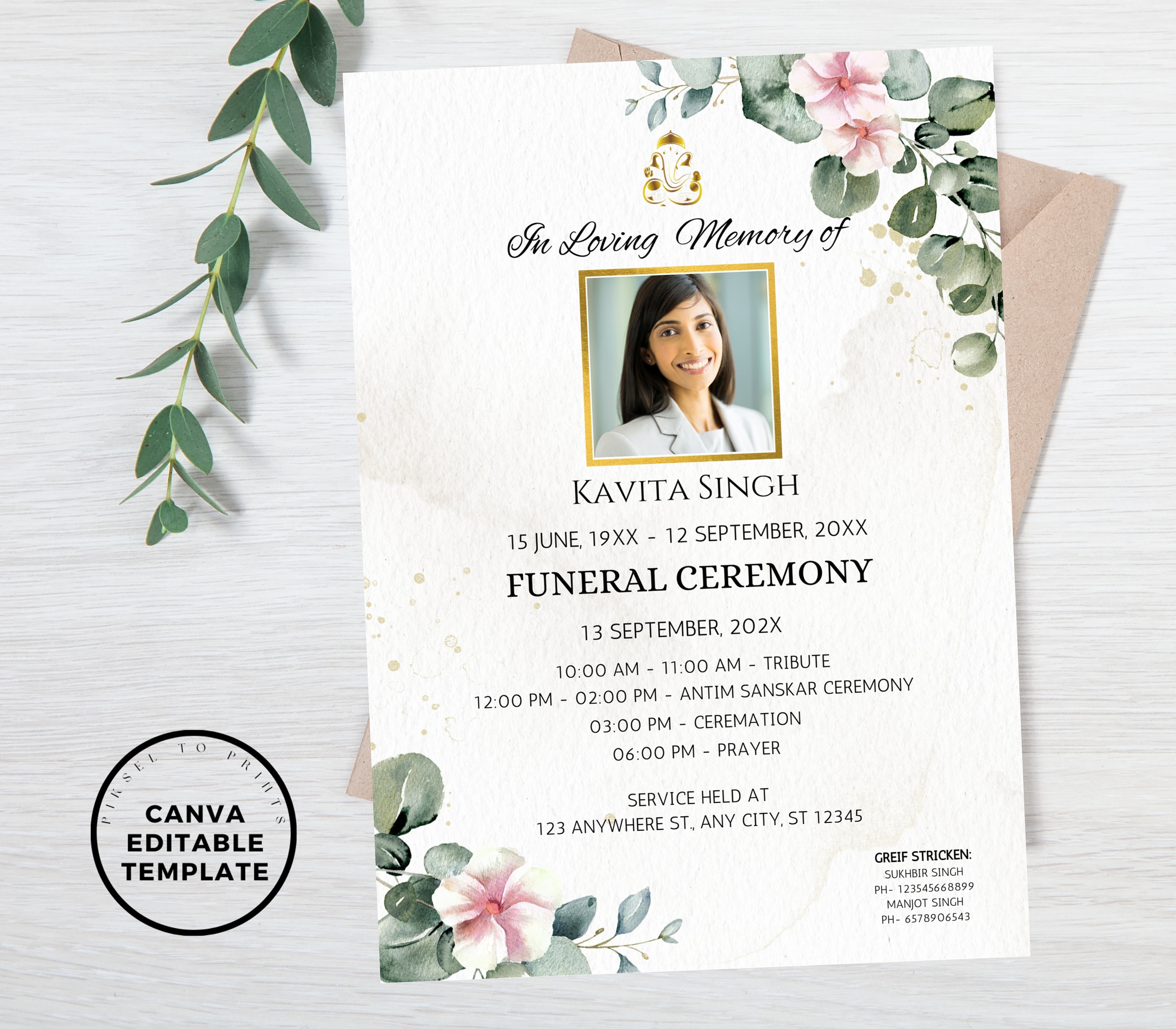 Editable Hindu Funeral Program Announcement Invitation, Funeral Details ...