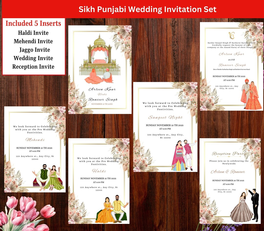 Editable Sikh Wedding Invitation Set, Boho Sikh Wedding Card, Elegant ...