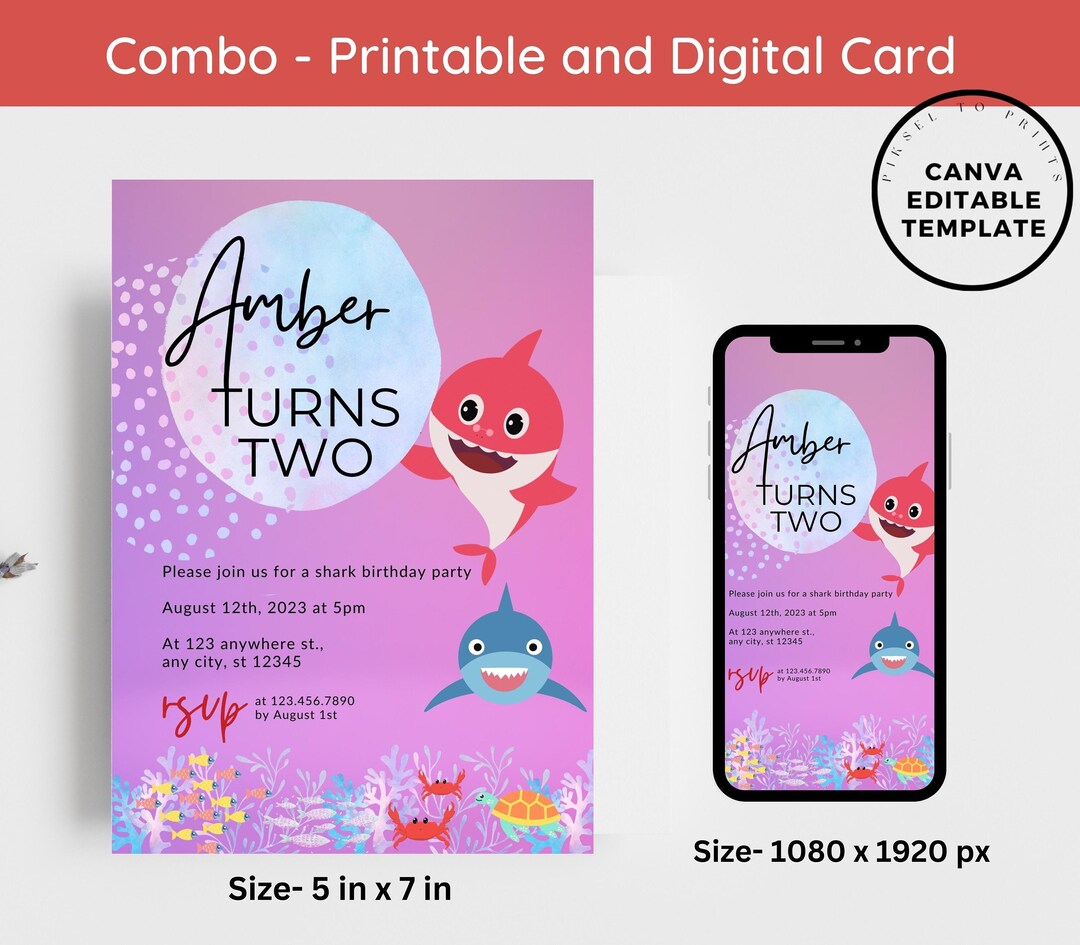 Editable Baby Shark Birthday Invitation, Girl Baby Shark Invite, Pink ...