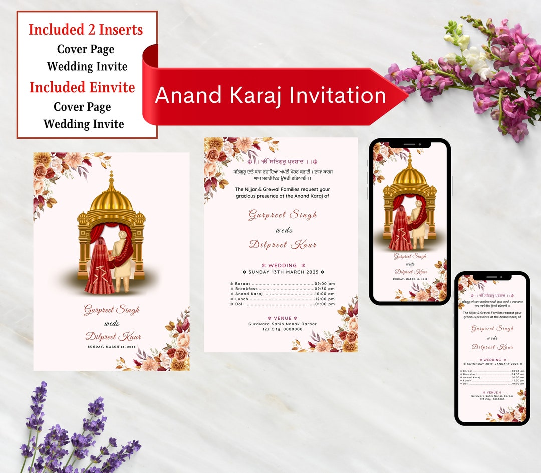 Editable Sikh Wedding Invitation, Anand Karaj Invite, Floral Punjabi ...