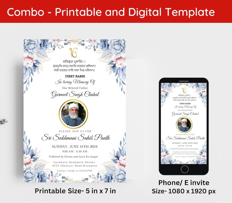 Buy Editable Punjabi First Barsi Invitation: Sikh Funeral Card Template ...