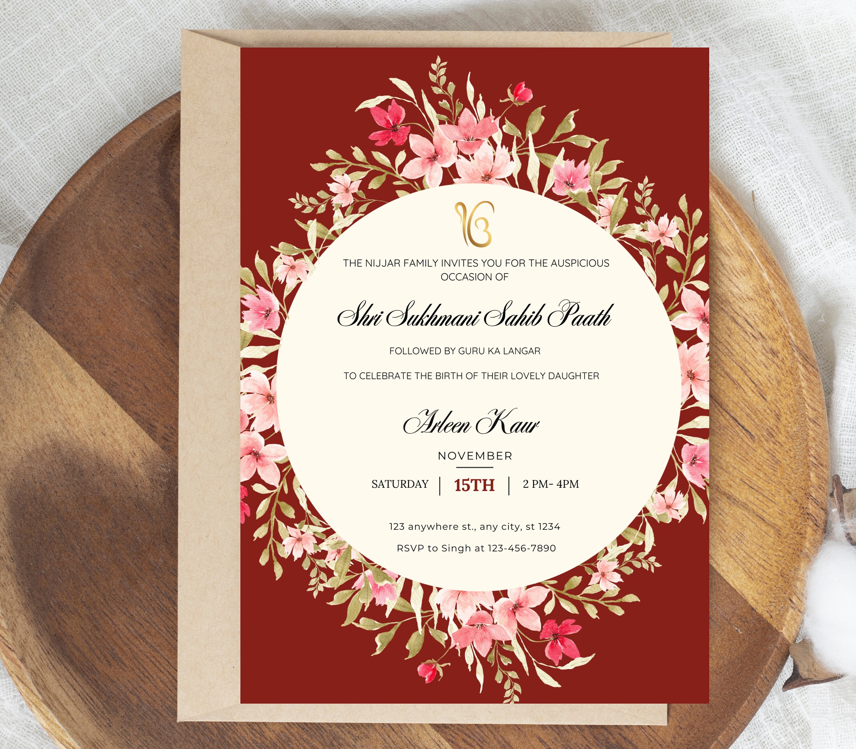 Editable Sukhmani Sahib Path Invitation: Red Floral Akhand Paath Invite ...
