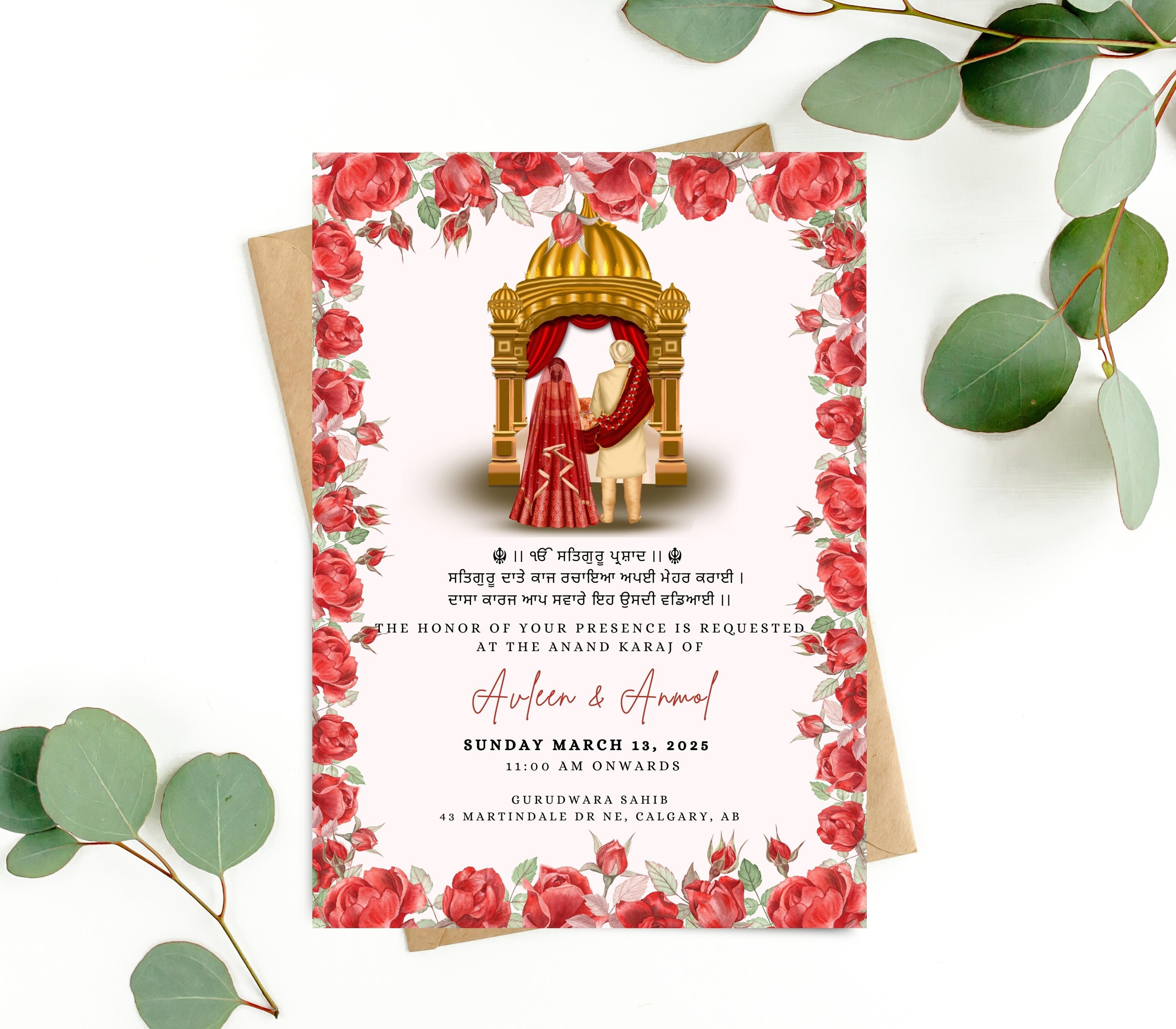 Editable Red Roses Anand Karaj Invitation Sikh Save the Date Punjabi ...