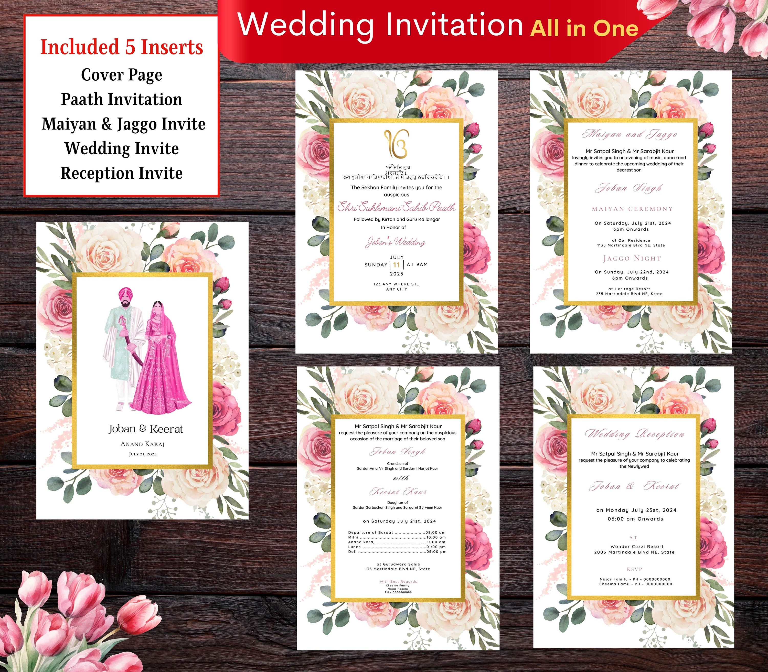 Editable Sikh Wedding Invitation Set, Floral Sikh Wedding Card, Punjabi ...