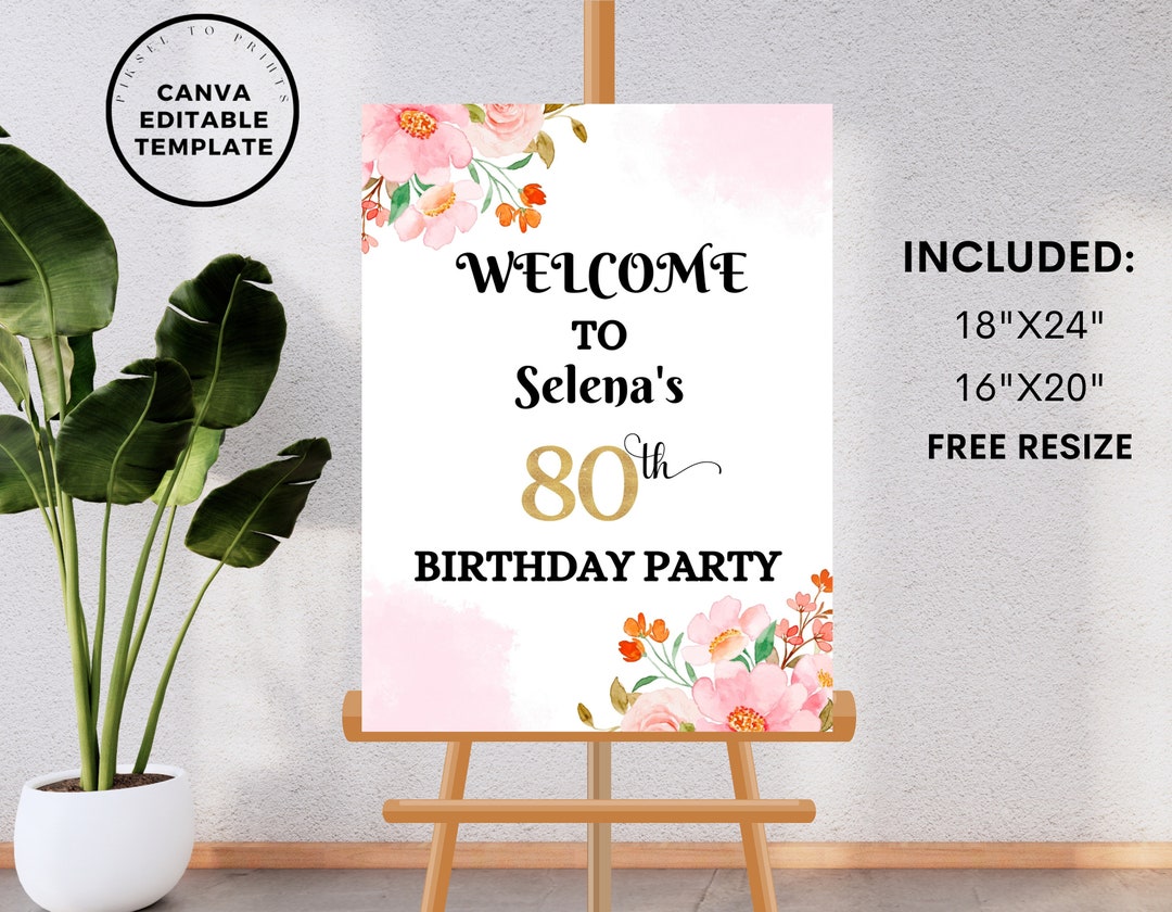 Rose Gold Floral 80th Birthday Welcome Sign (digital Download) - Etsy