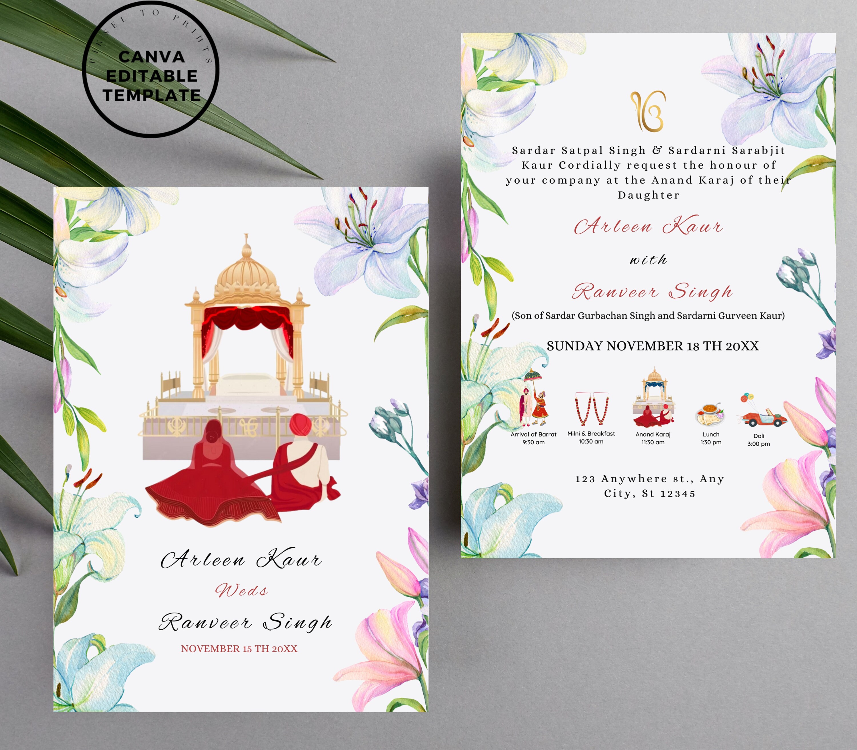 Editable Sikh Wedding Invitation Set, Floral Sikh Wedding Card, Elegant ...