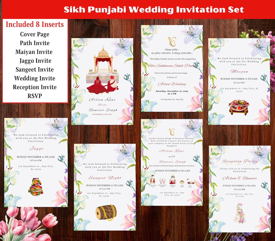 Editable Sikh Wedding Invitation Set, Floral Sikh Wedding Card, Elegant ...