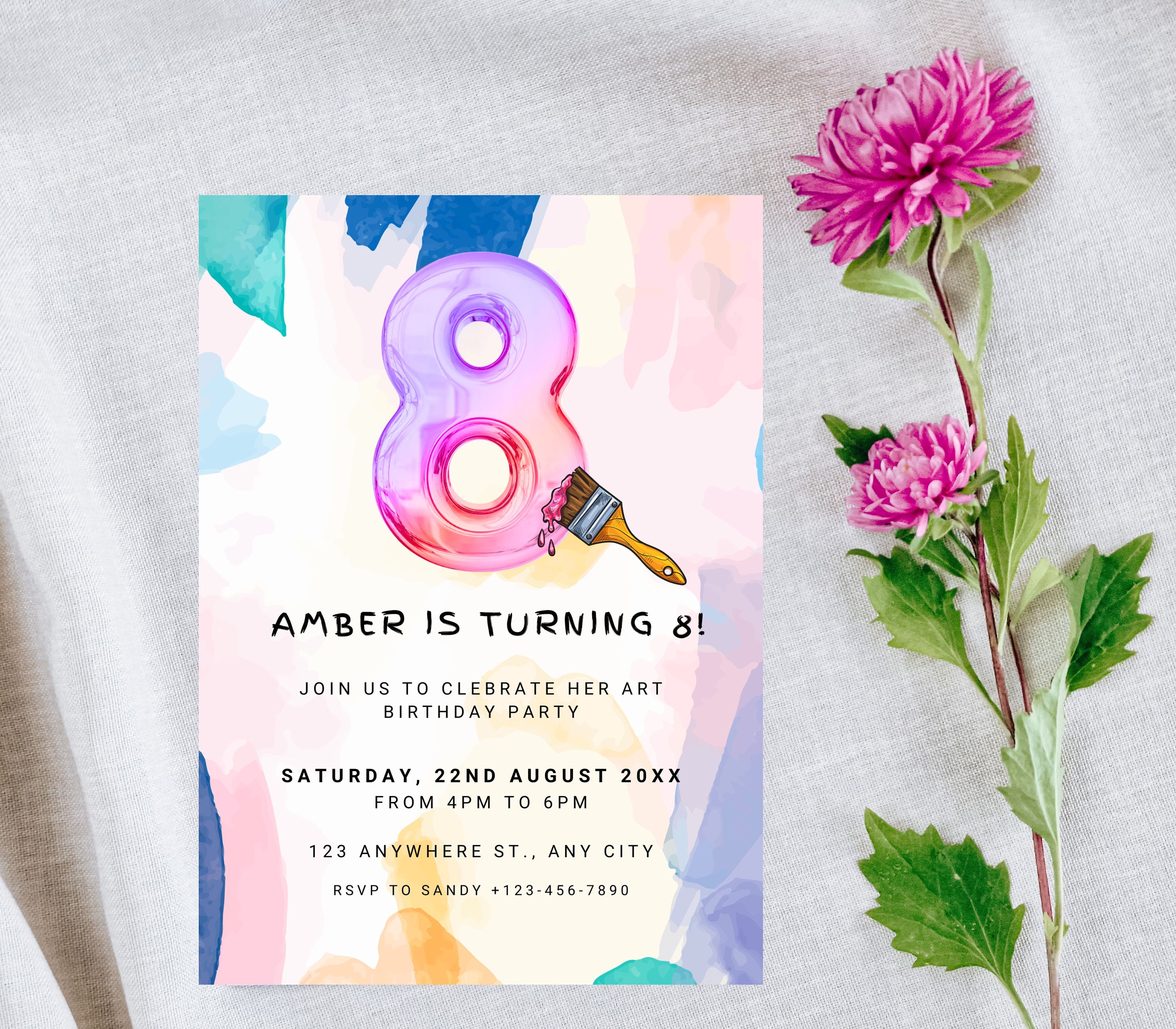 Editable 8th Birthday Invitation Art Birthday Party Invite Girl Eighth ...