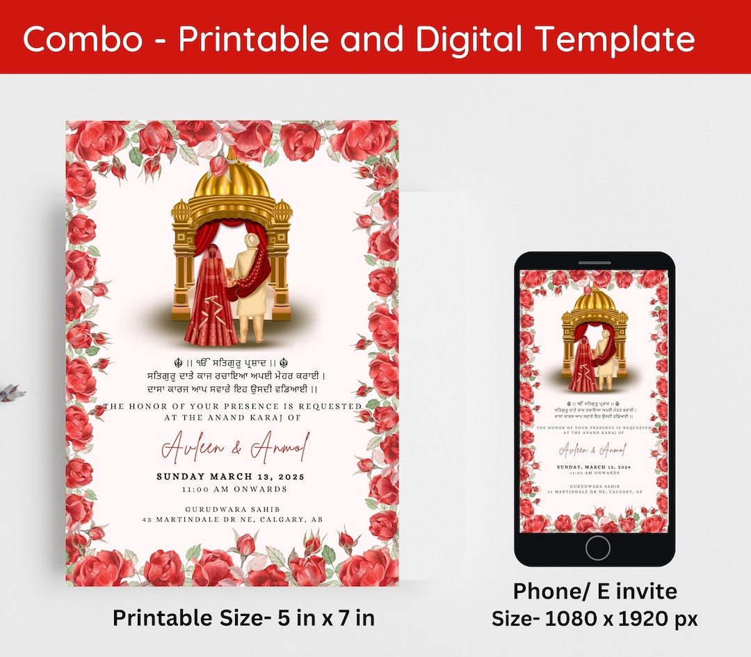 Editable Red Roses Anand Karaj Invitation | Sikh Save the Date| Punjabi ...