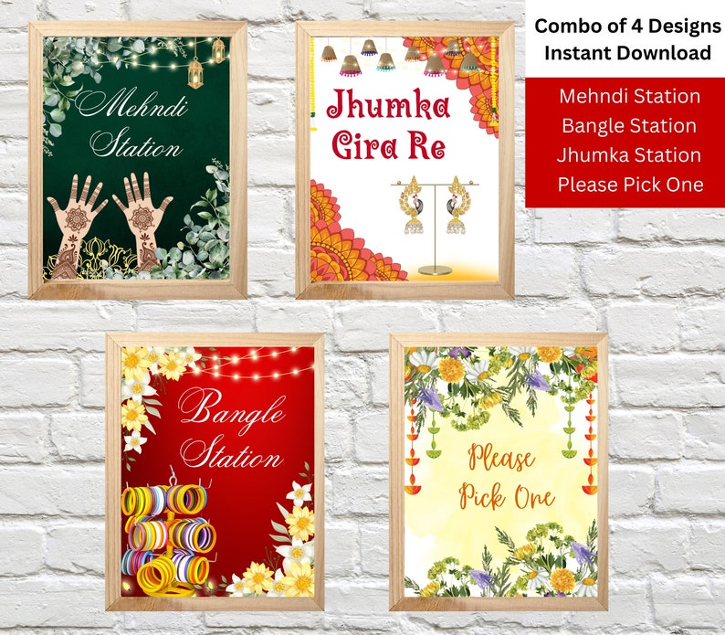 Combo of 4 Design Mehndi Station Sign, Bangle Station Sign, Jhumka ...