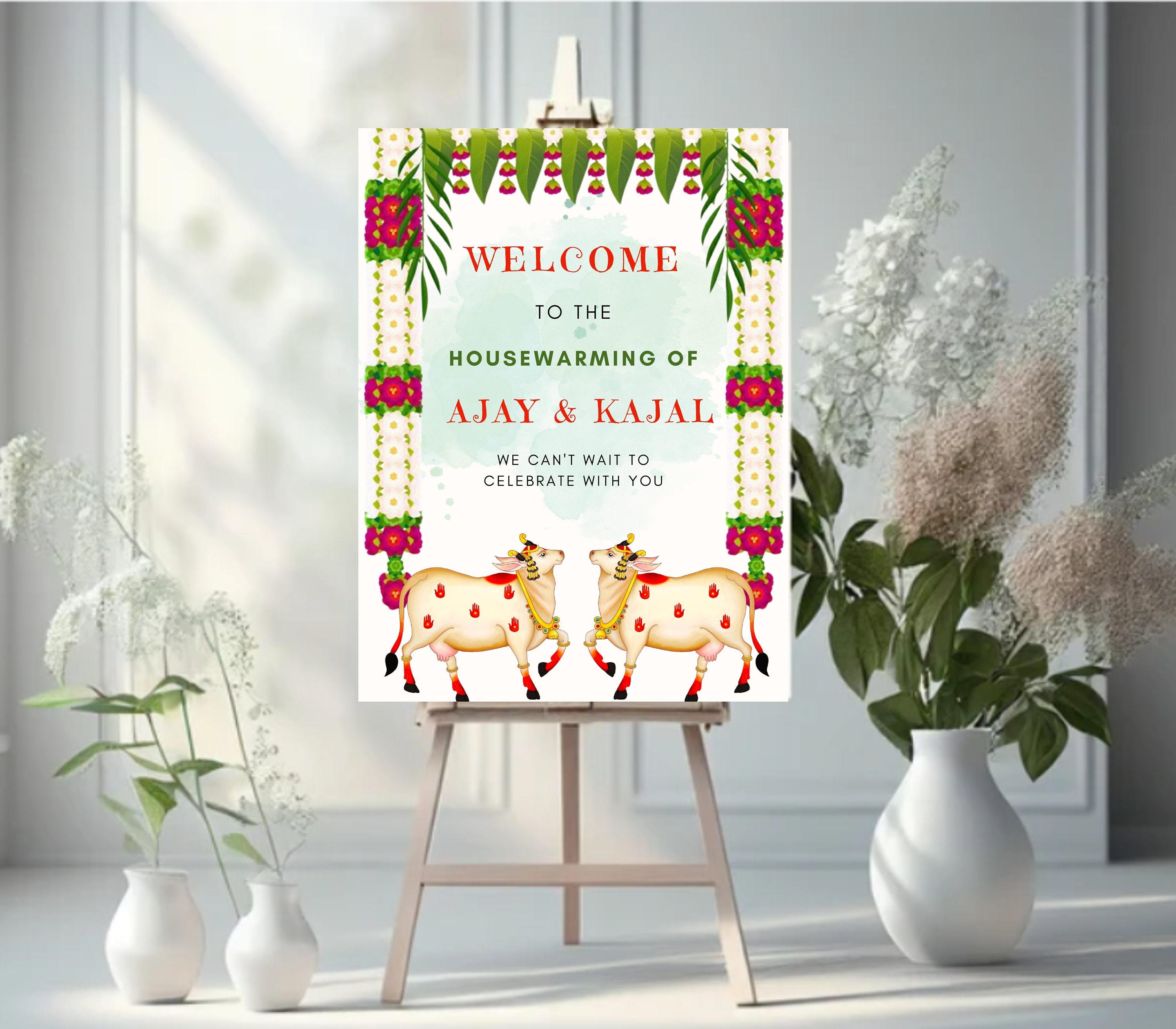 Editable Pichwai Indian Housewarming Welcome Sign, Shanti Pravesham ...