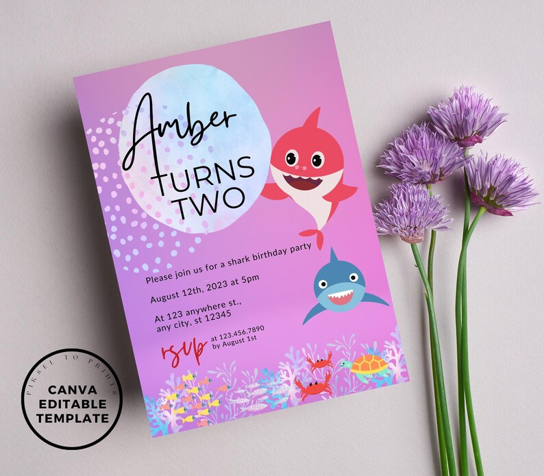 Editable Baby Shark Birthday Invitation Girl Baby Shark - Etsy