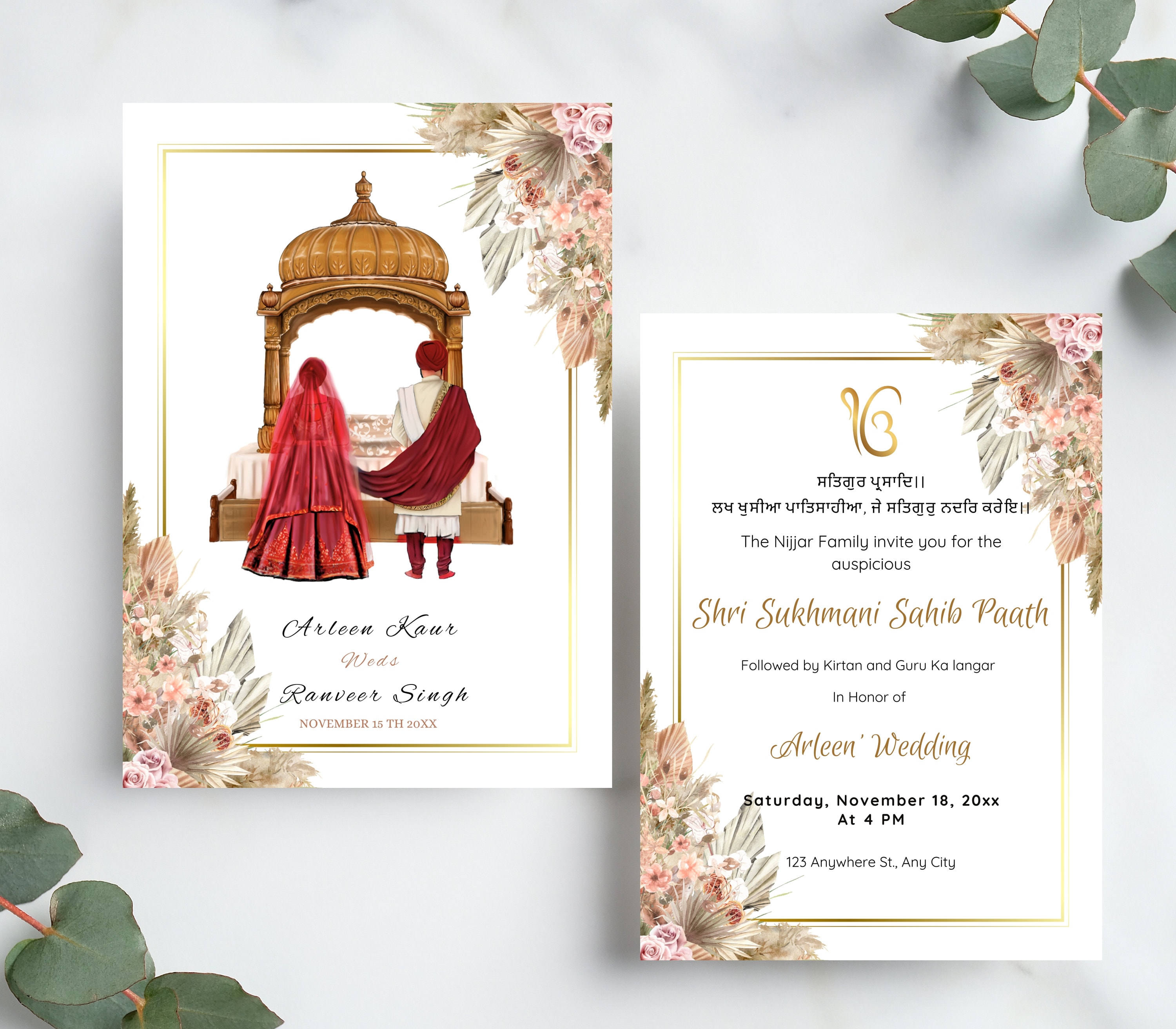 Editable Sikh Girl Wedding Invitation Set, Boho Sikh Wedding Card ...