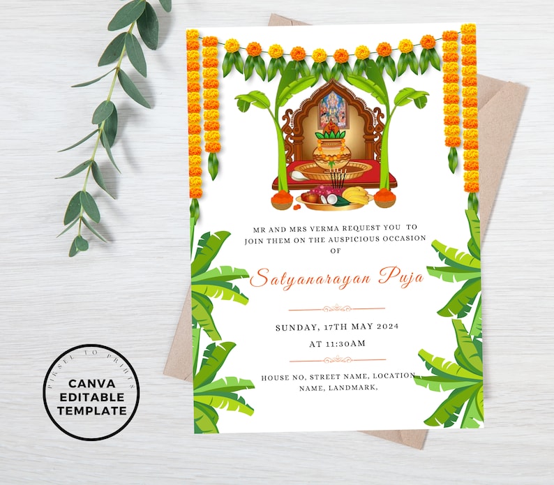 Editable Satyanarayan Pooja Invitation Template: Hindu Housewarming ...