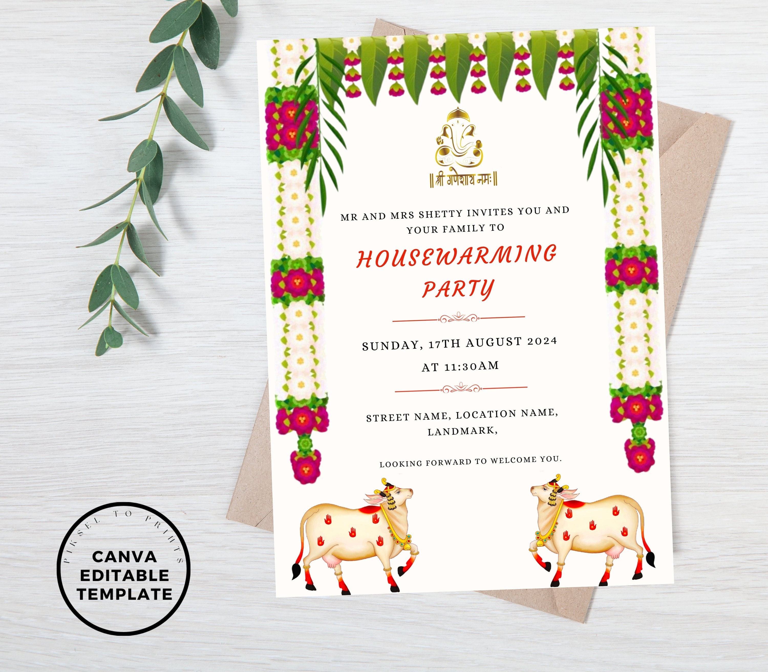 Editable Indian Housewarming Invitation: Ghar Parwesh Invite Pichwai ...