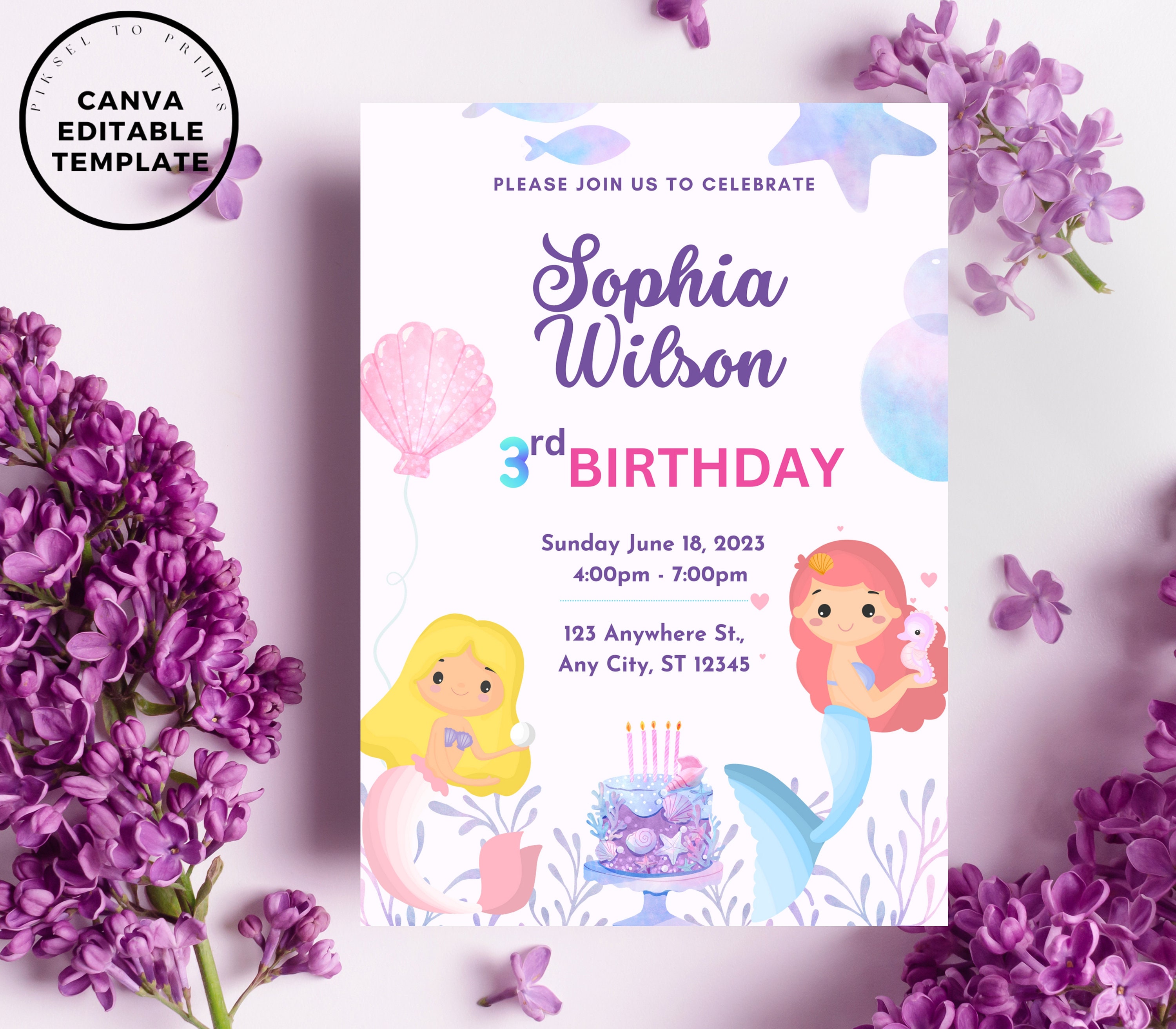 Editable Mermaid Invitation Watercolor, Mermaid Birthday Digital ...