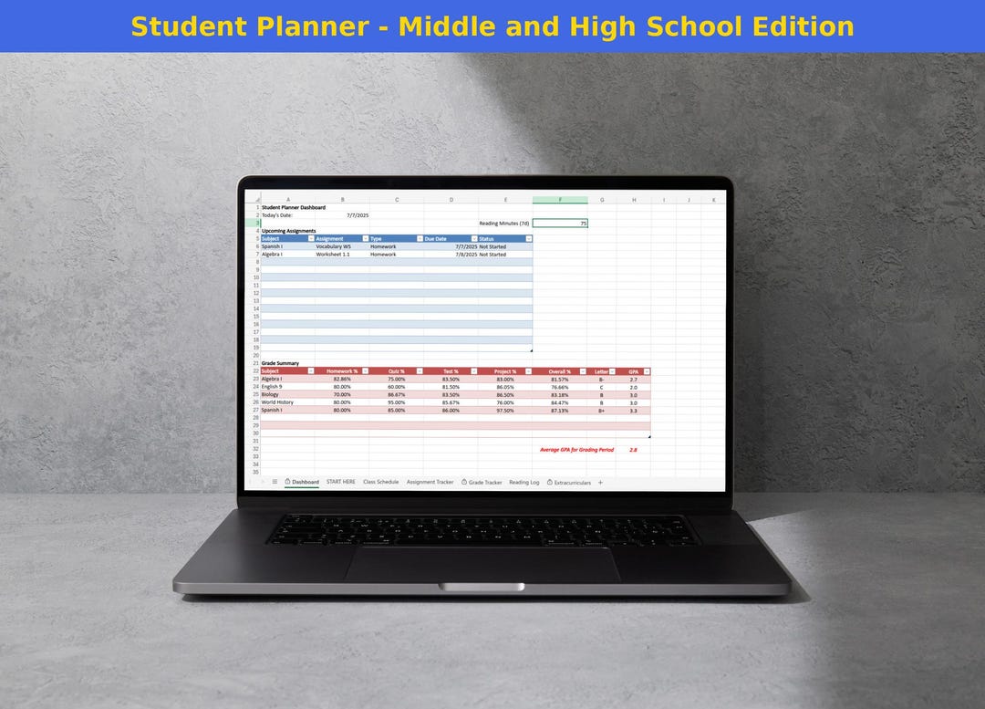 Student Planner Excel Template | Middle/high School Dashboard, Grade ...