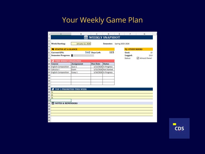 Student Planner Spreadsheet 2026 College Grade Tracker GPA Calculator ...