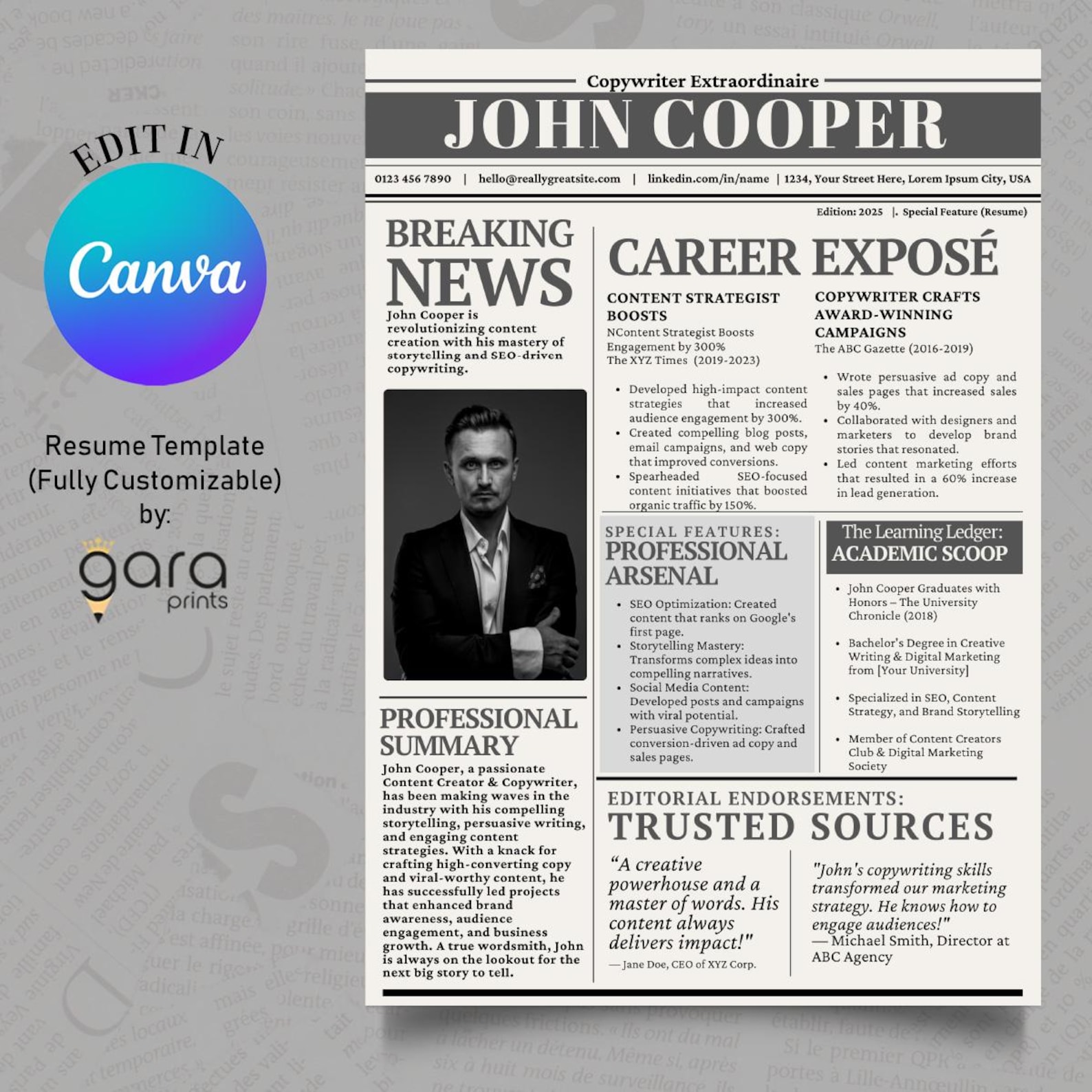Vintage Newspaper-style Resume Template – Classic & Timeless Design for ...