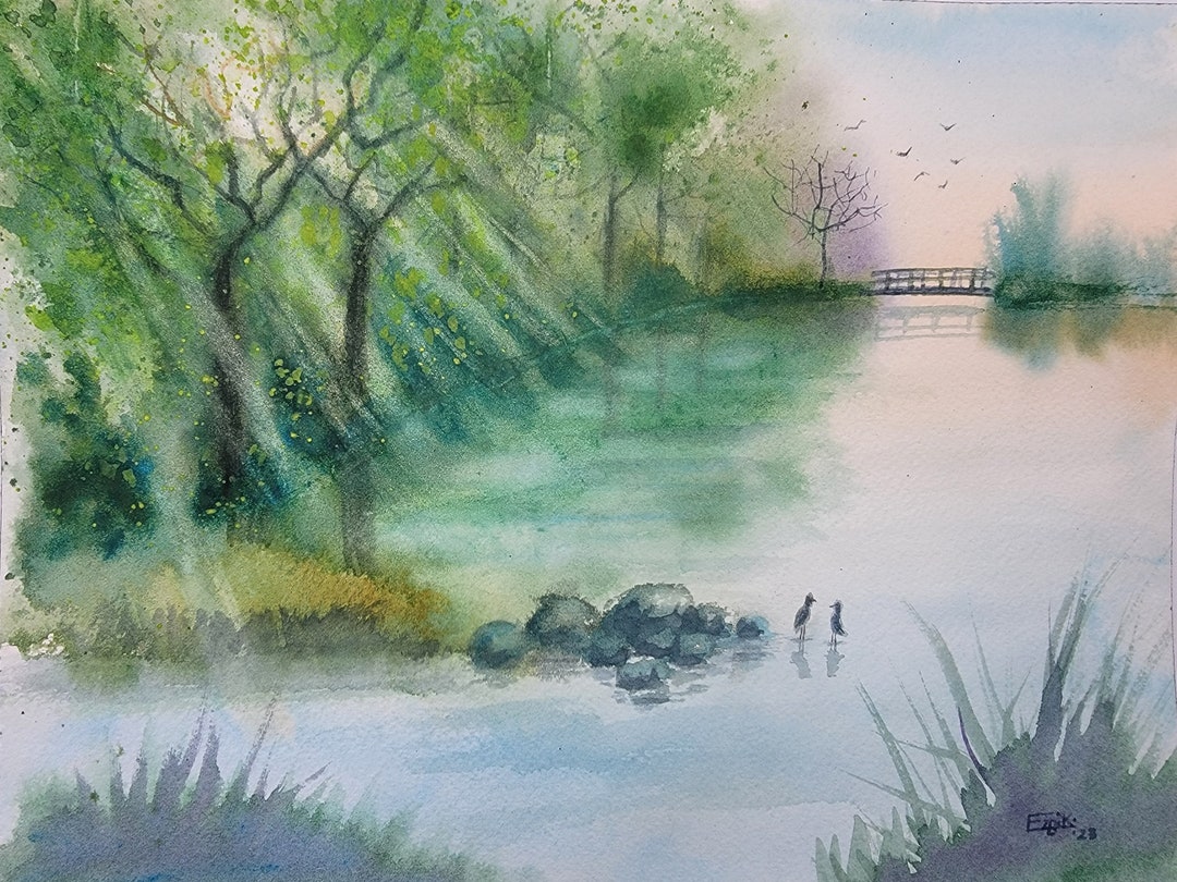 Original Landscape Watercolor Painting light Rays on the Lake, NOT A ...
