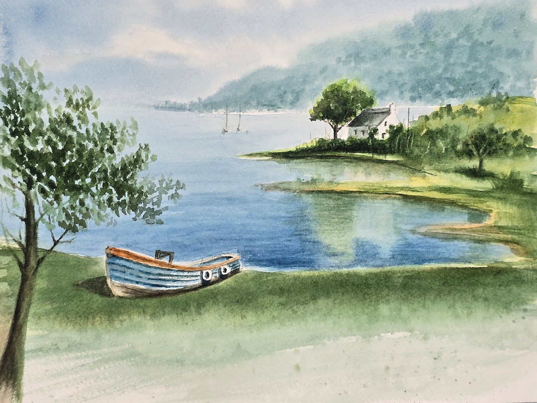 Original Landscape Watercolor Painting - "boat at the Edge of the Lake ...