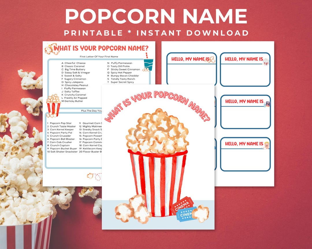 What's Your Popcorn Name, Family Movie Night, Movie Night Printable ...