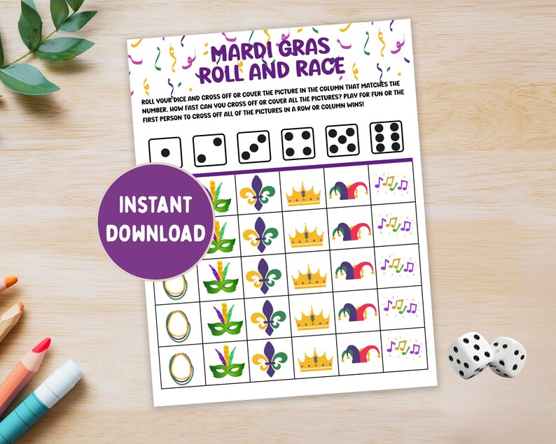 Mardi Gras Roll and Race Game, Printable Dice Game (PDF), March ...