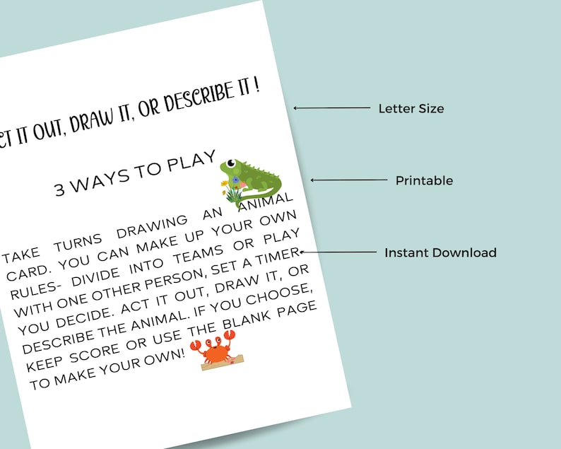 Animal Charades Cards, Elementary School Game (digital Download ...